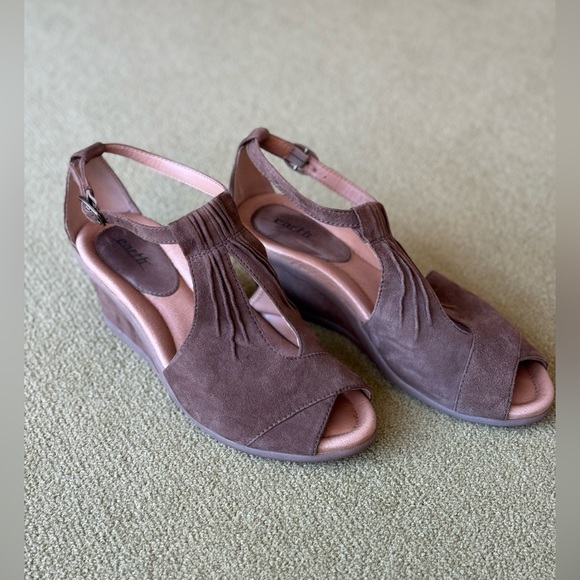 Earth | Shoes | Earth Caper Dark Khaki Suede Wedge Peep Toe Sandal ...